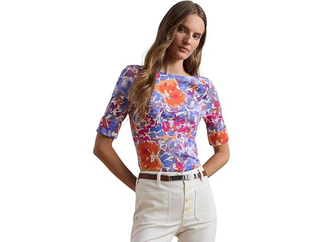 (取寄) ローレン ラルフローレン レディース ピティート フローラル ストレッチ コットン ボートネック ティー Lauren Ralph Lauren women Petite Floral Stretch Cotton Boatneck Tee White Multi