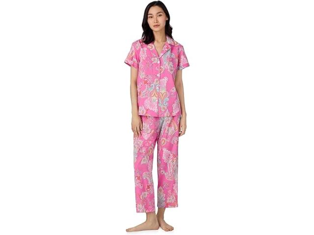 (取寄) ローレン ラルフローレン レディース ショート スリーブ ノッチ カラー クロップド パンツ Pj セット Lauren Ralph Lauren women Short Sleeve Notch Collar Cropped Pant PJ Set Pink Paisley