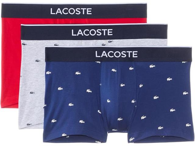(取寄) ラコステ メンズ コットン ストレッチ ミニ クロコ プリント トランクス 3-パック Lacoste men Cotton Stretch Mini Croc Print Trunks 3-pack Navy Blue/Gray/Red
