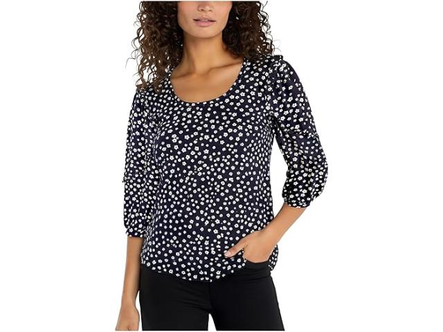 (取寄) リバプールロサンゼルス レディース ミッド-レンクス ラッフル スリーブ スクープ ネック ニット トップ Liverpool Los Angeles women Mid-length Ruffle Sleeve Scoop Neck Knit Top Navy/White Ditsy