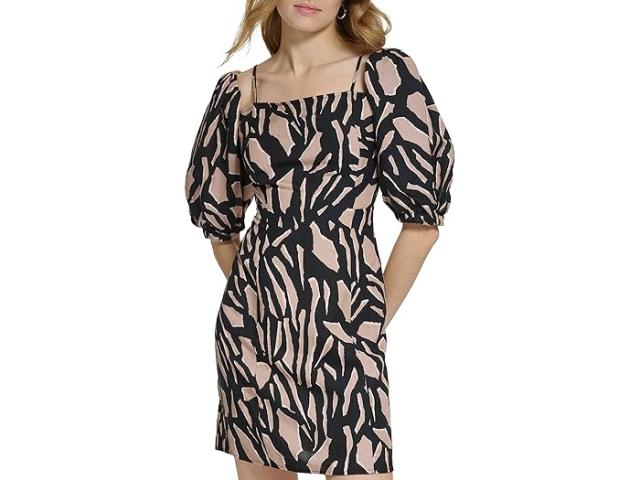 (取寄) ダナキャランニューヨーク レディース ショート スリーブ プリンテッド リネン ショルダー ストラップ ミディ ドレス DKNY women Short Sleeve Printed Linen Shoulder Strap Midi Dress Black/Cafe Au Lait Multi