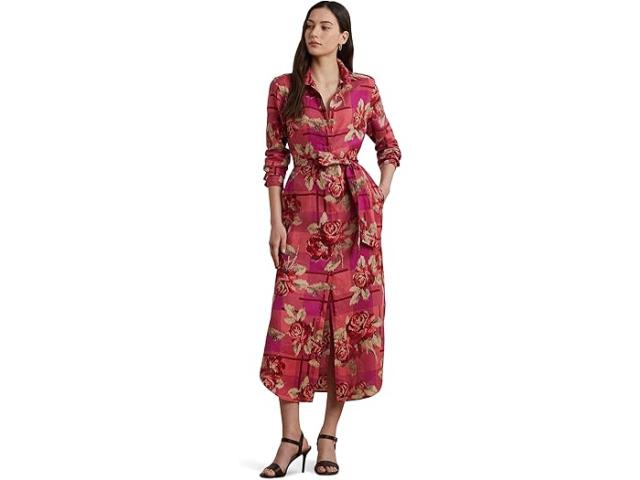 (取寄) ローレン ラルフローレン レディース ピティート フローラル チェック リネン シャツドレス Lauren Ralph Lauren women Petite Floral Checked Linen Shirtdress Red/Pink Multi