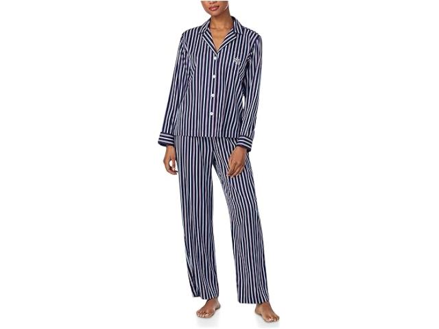 (取寄) ローレン ラルフローレン レディース ロング スリーブ ノッチ カラー サテン Pj セット Lauren Ralph Lauren women Long Sleeve Notch Collar Sateen PJ Set Navy Stripe