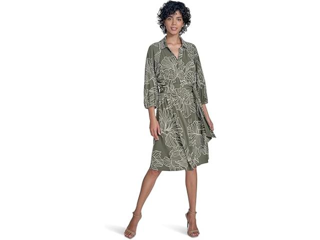 (取寄) カルバンクライン レディース マット ジャージ パフ スリーブ セルフ タイ Aライン   women Matte Jersey Puff Sleeve Self Tie Aline Caper/Antiqe White