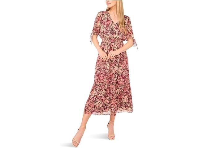 (取寄) シーシー レディース V-ネック タイ スリーブ スモック ウェスト ミディ ドレス CeCe women V-neck Tie Sleeve Smocked Waist Midi Dress Fresh Berry