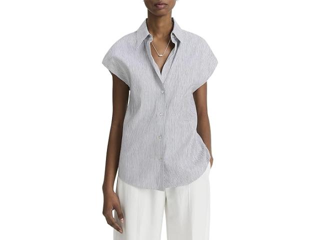 (取寄) ヴィンス レディース ストライプ キャップ スリーブ ブラウザ Vince women Ticking Stripe Cap Sleeve Blouse Iris Slate/Off-white