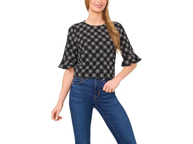 (取寄) シーシー レディース ラッフル カフ エンブロイダー クルー ネック トップ CeCe women Ruffle Cuff Embroidered Crew Neck Top Rich Black