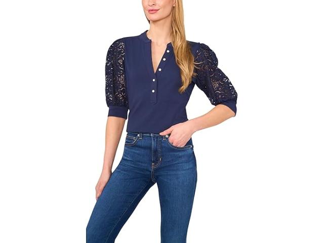 (取寄) シーシー レディース エルボー パフ スリーブ ヘンリー ミックスド メディア ティー CeCe women Elbow Puff Sleeve Henley Mixed Media Tee Classic Navy