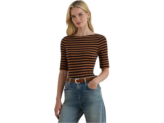 (取寄) ローレン ラルフローレン レディース ピティート ストライプド ストレッチ コットン ボートネック ティー Lauren Ralph Lauren women Petite Striped Stretch Cotton Boatneck Tee Lauren Navy/Cinnamon Bark