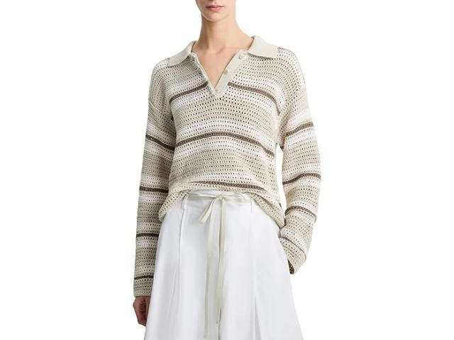 (取寄) ヴィンス レディース メッシュ ストライプ ボタン ポロ Vince women Mesh Stripe Button Polo White Stone Combo