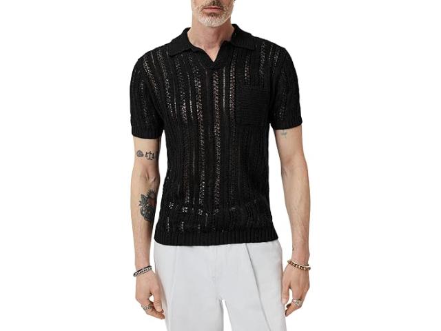 (取寄) ジョン バルベイトス メンズ オーディン リネン セーター ポロ John Varvatos men Odin Linen Sweater Polo Y2317S25 Black