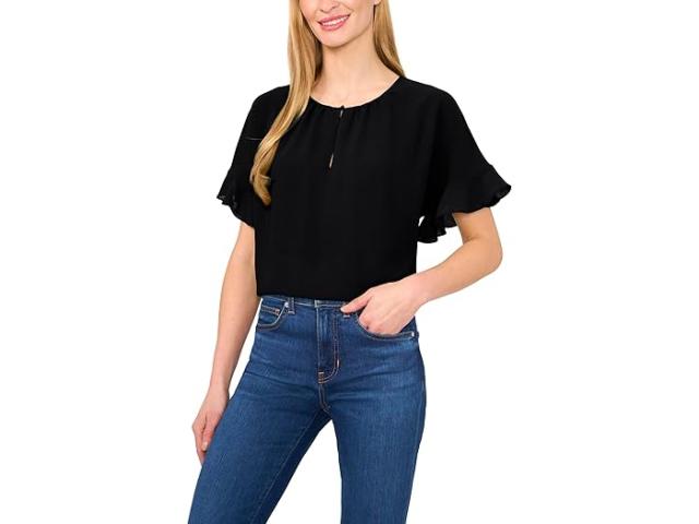 (取寄) シーシー レディース ショート スリーブ ハーフ ボタン フラウィー ブラウザ CeCe women Short Sleeve Half Button Flowy Blouse Rich Black
