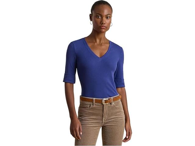 (取寄) ローレン ラルフローレン レディース ストレッチ コットン エルボー-スリーブ V-ネック ティー Lauren Ralph Lauren women Stretch Cotton Elbow-Sleeve V-Neck Tee Charter Blue