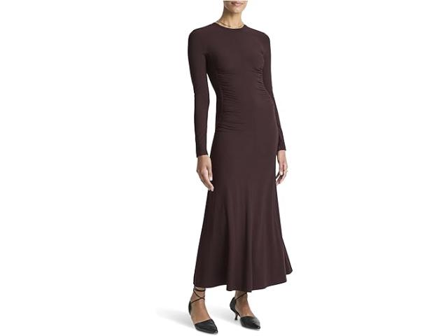 (取寄) ヴィンス レディース ロング スリーブ クルー カーブ シーム ルースド ドレス Vince women Long Sleeve Crew Curved Seam Rouched Dress Dark Fig