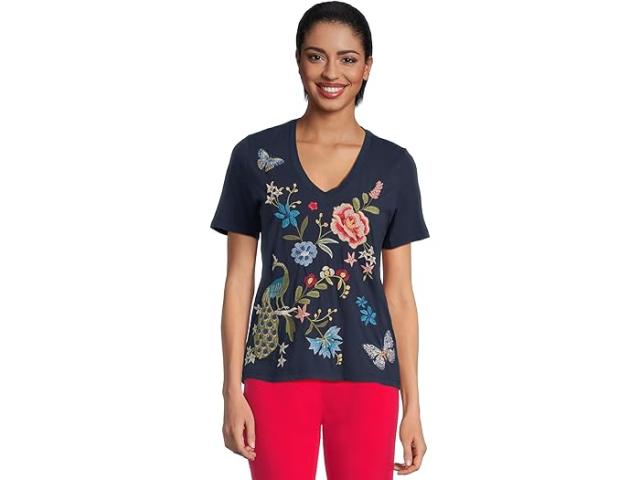 (取寄) ジョニー ワズ レディース V-ネック ショート スリーブ ティー - ニコレット Johnny Was women V-neck Short Sleeve Tee - Nicolette Blue Night