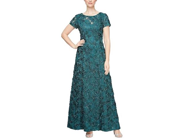 (取寄) アレックス イブニングス レディース ロング A-ライン ロゼット ドレス ウィズ シークイン ディテール Alex Evenings women Long A-Line Rosette Dress with Sequin Detail Emerald Green
