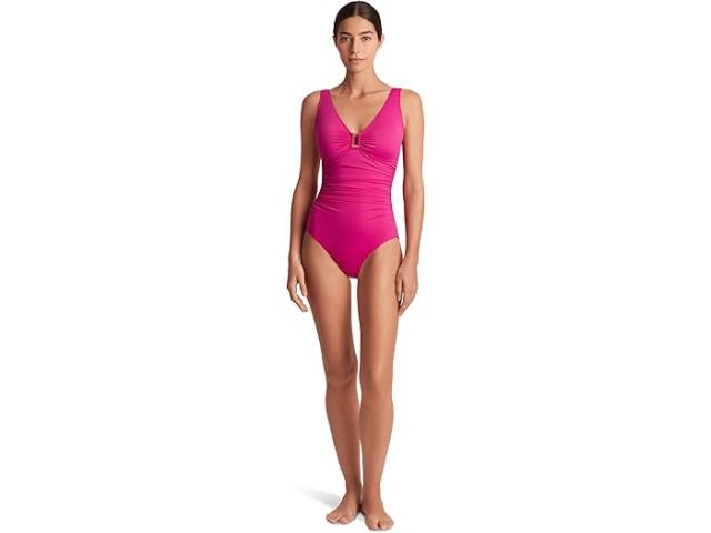 (取寄) ローレン ラルフローレン レディース ビーチ クラブ ソリッド リング フロント ワン ピース Lauren Ralph Lauren women Beach Club Solid Ring Front One Piece Passionfruit