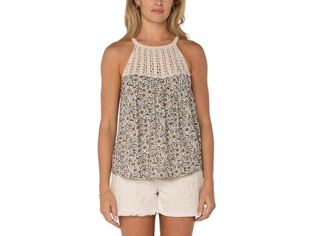 (取寄) リバプールロサンゼルス レディース スリーブレス ウーブン ホルター ウィズ クローシェ トップ Liverpool Los Angeles women Sleeveless Woven Halter with Crochet Top Olive Leaf/Cream