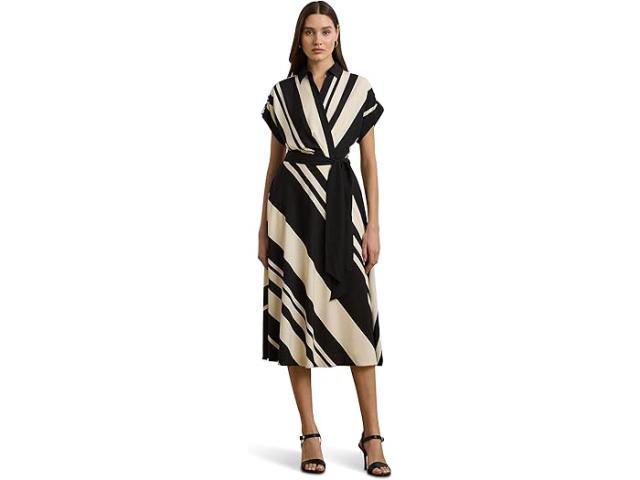 (取寄) ローレン ラルフローレン レディース ストライプド ベルテッド クレープ ドレス Lauren Ralph Lauren women Striped Belted Crepe Dress Cream/Black
