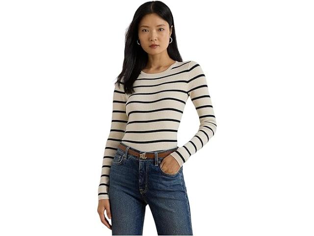 (取寄) ローレン ラルフローレン レディース ストライプド リブ-ニット クルー ネック セーター Lauren Ralph Lauren women Striped Rib-Knit Crew Neck Sweater Mascarpone Cream/Lauren Navy