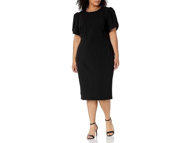 (取寄) カルバンクライン レディース プラス サイズ チューリップ スリーブド シーム シィース   women   Plus Size Tulip Sleeved Seamed Sheath Black 2