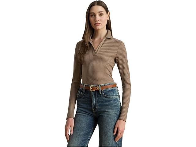 (取寄) ローレン ラルフローレン レディース リブ-ニット ロング-スローブ ポロ トップ Lauren Ralph Lauren women Rib-Knit Long-Sleeve Polo Top Taupe Brown