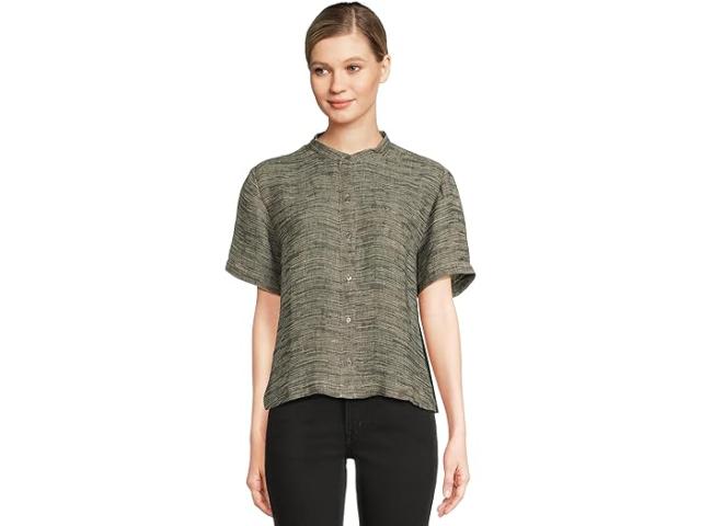 (取寄) アイリーン フィッシャー レディース マンダリン カラー ショート スリーブ シャツ Eileen Fisher women Mandarin Collar Short Sleeve Shirt Black Natural