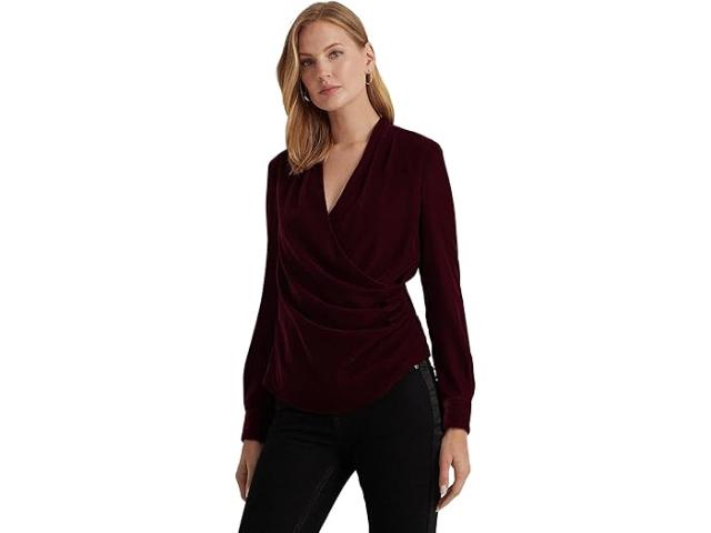 (取寄) ローレン ラルフローレン レディース プリーツ ベルネット サープリス ブラウザ Lauren Ralph Lauren women Pleated Velvet Surplice Blouse Deep Rhodonite Velvet