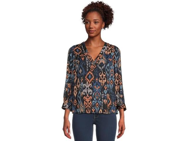 (取寄) リバプールロサンゼルス レディース 3/4 スリーブ V-ネック ポップオーバー ウーブン ブラウザ Liverpool Los Angeles women 3/4 Sleeve V-Neck Popover Woven Blouse Blue Multi Ikat