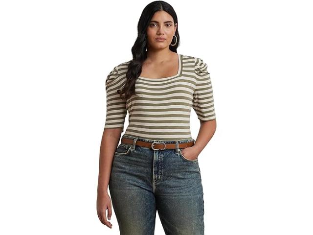 (取寄) ローレン ラルフローレン レディース プラス サイズ ミッド スリーブ T-シャツ Lauren Ralph Lauren women Plus Size Dalmaz Mid Sleeve T-Shirt Sage Green/Mascarpone Cream