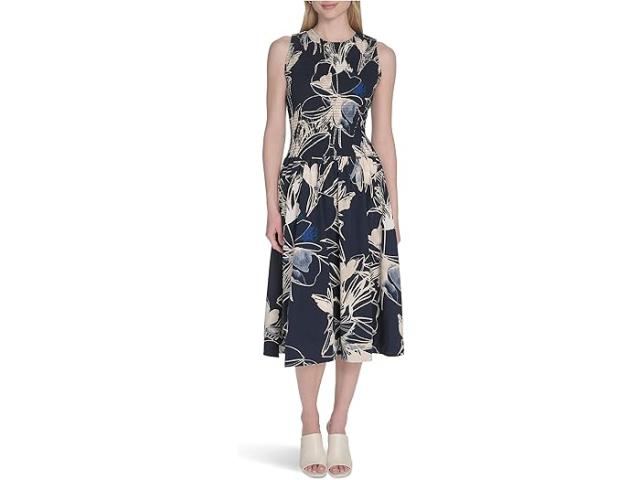 (取寄) カルバンクライン レディース スモック コミューター フローラル ドロップウエスト   women Smocked Commuter Floral Dropwaist Indigo Multi