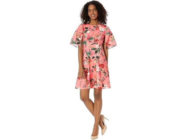 (取寄) ヴィンスカムート レディース スキューバ クレープ スプリット フラッター スリーブ フィットアンドフレア Vince Camuto women Scuba Crepe Split Flutter Sleeve Fit-and-Flare Coral