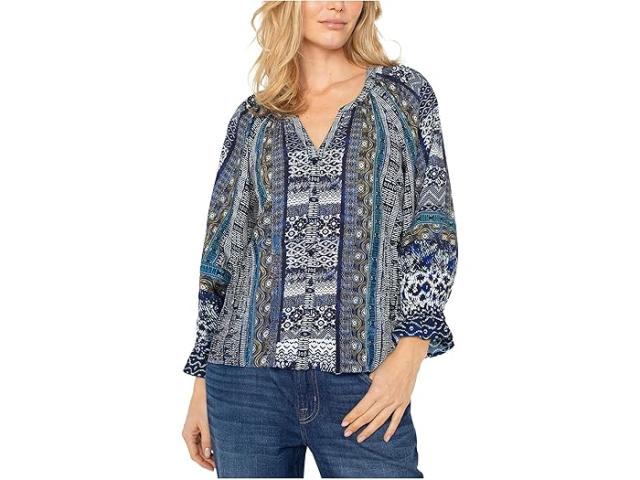 (取寄) リバプールロサンゼルス レディース ピティート 3/4 スリーブ ボタン フロント ウーブン ブラウザ Liverpool Los Angeles women Petite 3/4 Sleeve Button Front Woven Blouse Blue Shibori Multi