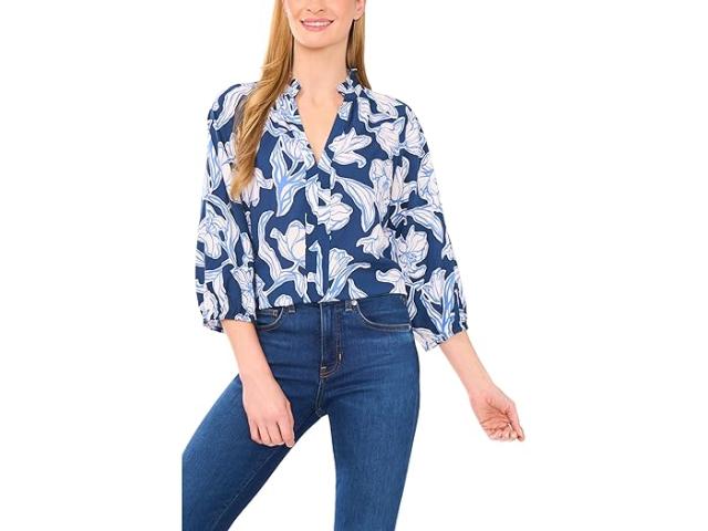 (取寄) シーシー レディース ラッフル ネック ラグラン シーム スプリット ネック ブラウザ CeCe women Ruffle Neck Raglan Seam Split Neck Blouse Denim/White