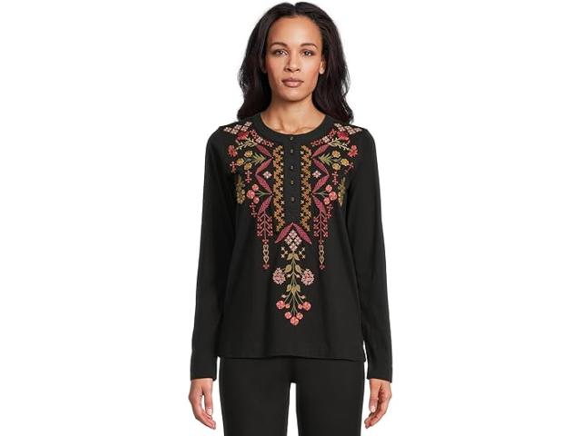 (取寄) ジョニー ワズ レディース ミックスド メディア ヘンリー T-シャツ Johnny Was women Mixed Media Henley T-shirt Black