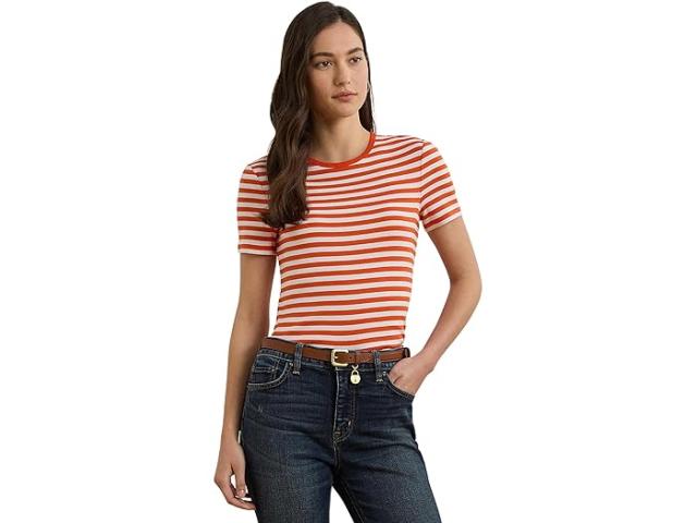 (取寄) ローレン ラルフローレン レディース ストライプド ストレッチ コットン クルーネック ティー Lauren Ralph Lauren women Striped Stretch Cotton Crewneck Tee Orange Lily/White