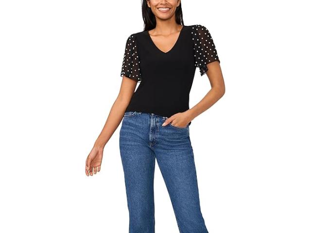 (取寄) シーシー レディース ニット V-ネック コンボ パール スリーブ トップ CeCe women Knit V-Neck Combo Pearl Sleeve Top Rich Black