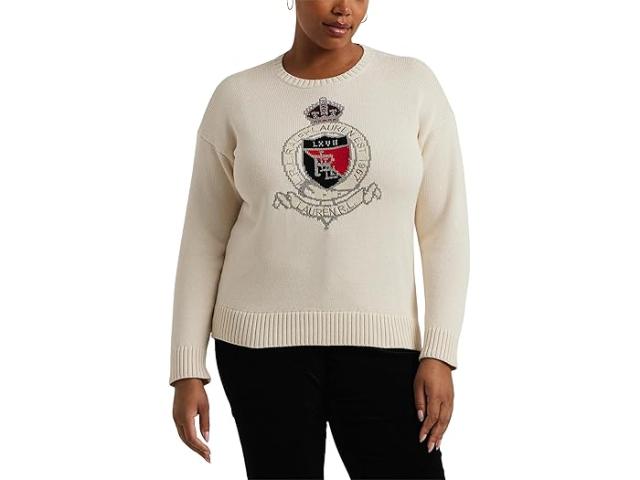 (取寄) ローレン ラルフローレン レディース プラス サイズ インターシャ-ニット クレスト コットン セーター Lauren Ralph Lauren women Plus Size Intarsia-Knit Crest Cotton Sweater Mascarpone Cream Multi