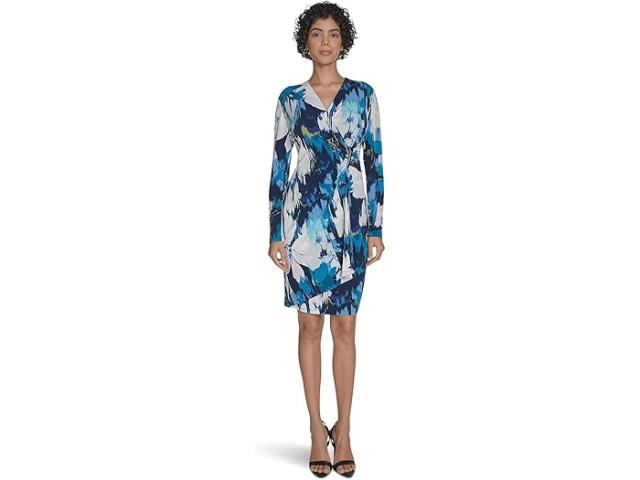 (取寄) カルバンクライン レディース ロング スリーブ フローラル ジャージ シィース   women Long Sleeve Floral Jersey Sheath Cypress Multi