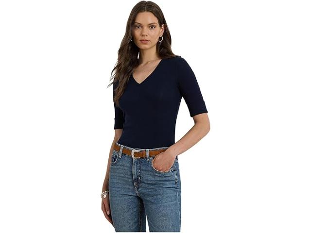 (取寄) ローレン ラルフローレン レディース ストレッチ コットン エルボー-スリーブ V-ネック ティー Lauren Ralph Lauren women Stretch Cotton Elbow-Sleeve V-Neck Tee Lauren Navy