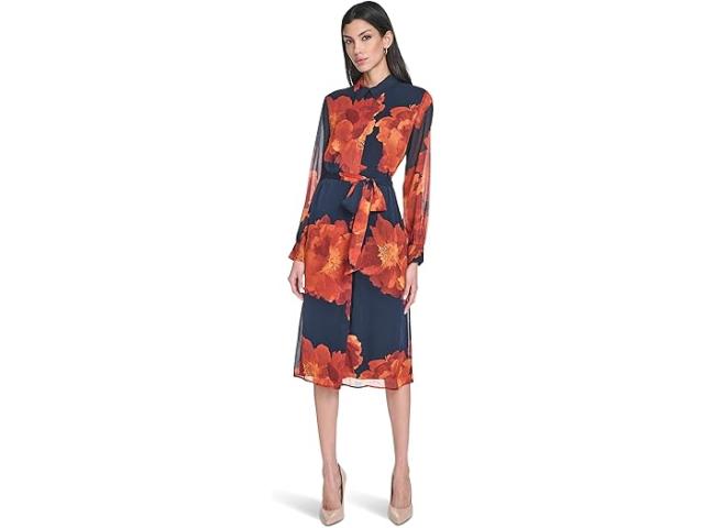 (取寄) カルバンクライン レディース ロング スリーブ フローラル シフォン ミディ ウィズ セルフ タイ   women Long Sleeve Floral Chiffon Midi with Self Tie Indigo Multi