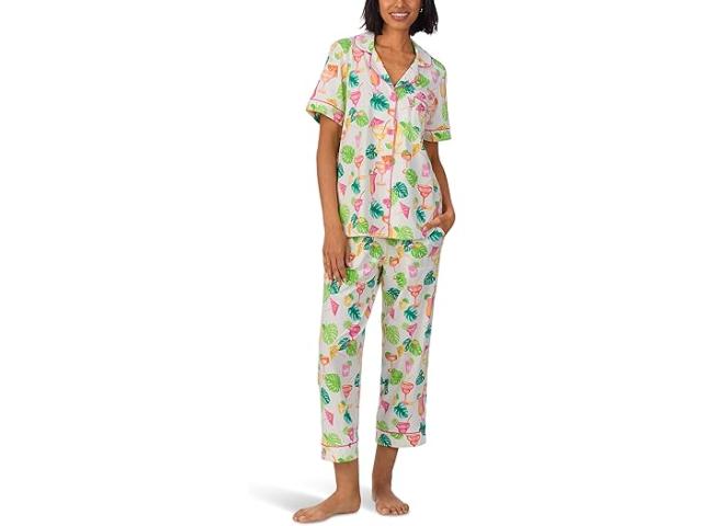 (取寄) ベッドヘッドパジャマズ レディース コットン ニット ショート スリーブ クロップド Pj セット Bedhead PJs women Cotton Knit Short Sleeve Cropped PJ Set Vacation Libations