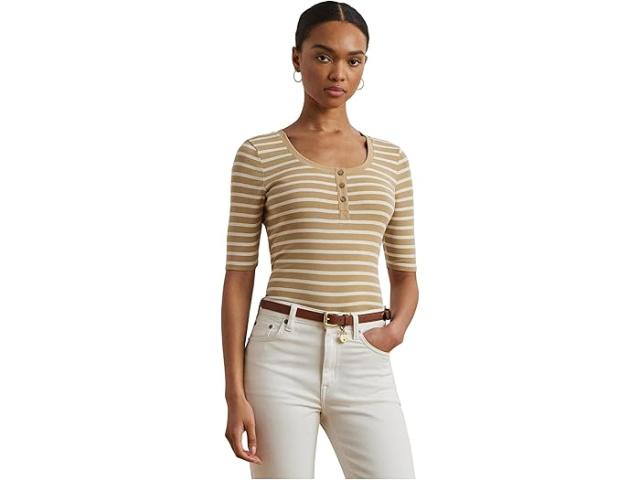 (取寄) ローレン ラルフローレン レディース ストライプド エルボー-スリーブ ヘンリー トップ Lauren Ralph Lauren women Striped Elbow-sleeve Henley Top Birch Tan/Mascarpone Cream