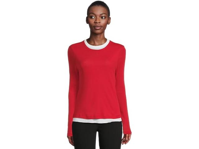 (取寄) エリオット ローレン レディース ダブル レイヤー ロング スリーブ クルー ニット トップ Elliott Lauren women Double Layer Long Sleeve, Crew Neck- Knit Top Red