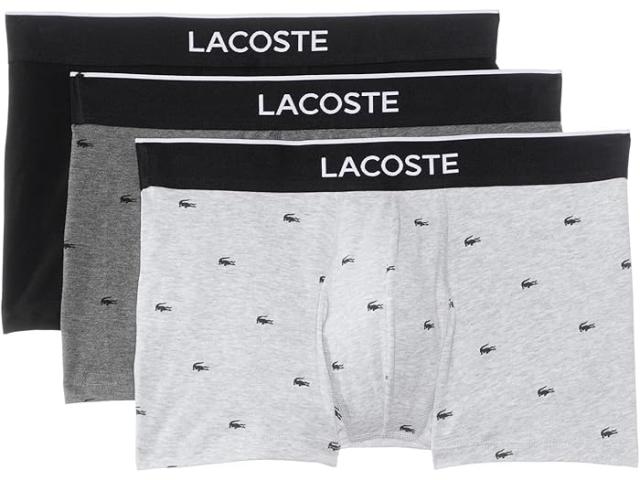(取寄) ラコステ メンズ コットン ストレッチ ミニ クロコ プリント トランクス 3-パック Lacoste men Cotton Stretch Mini Croc Print Trunks 3-pack Black/Gray