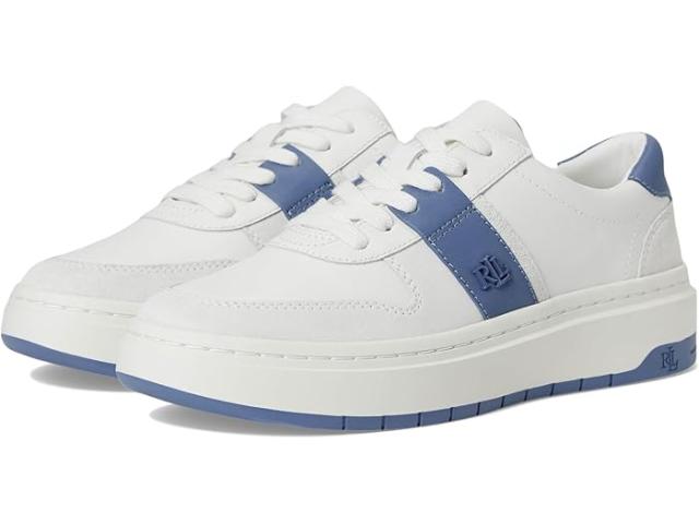 (取寄) ローレン ラルフローレン レディース ハーリー カラーブロックト レザー スニーカー Lauren Ralph Lauren women Harlie Color-Blocked Leather Sneakers  White/Bianco/Capri Blue