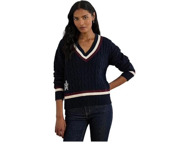 (取寄) ローレン ラルフローレン レディース ケーブルニット コットン クリケット セーター Lauren Ralph Lauren women Cable-Knit Cotton Cricket Sweater Lauren Navy/Cream/Dark Garnet