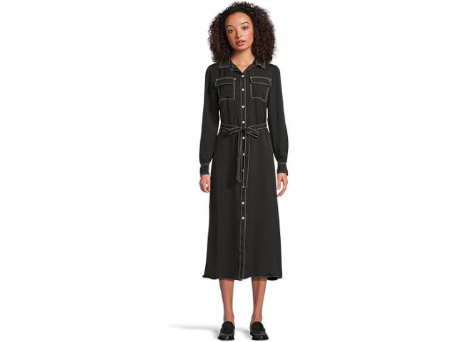 (取寄) ヴィンスカムート レディース ボタンアップ シャツ ドレス ウィズ コントラスト ステッチ Vince Camuto women Button-Up Shirt Dress with Contrast Stitching Rich Black