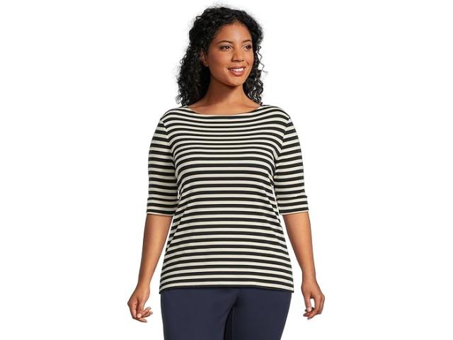 (取寄) ローレン ラルフローレン レディース プラス サイズ ストライプド ストレッチ コットン ボートネック ティー Lauren Ralph Lauren women Plus Size Striped Stretch Cotton Boatneck Tee Lauren Navy/Mascarpone Cream