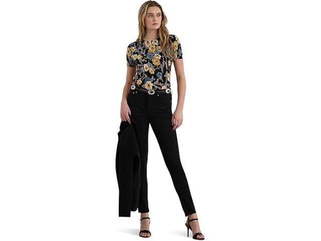 (取寄) ローレン ラルフローレン レディース ピティート フローラル コットンブレンド ショートスリーブ セーター Lauren Ralph Lauren women Petite Floral Cotton-Blend Short-Sleeve Sweater Black Multi